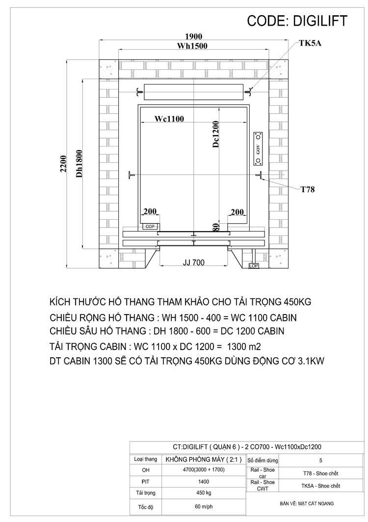 Kích thước thang máy 450kg tiêu chuẩn là bao nhiêu?